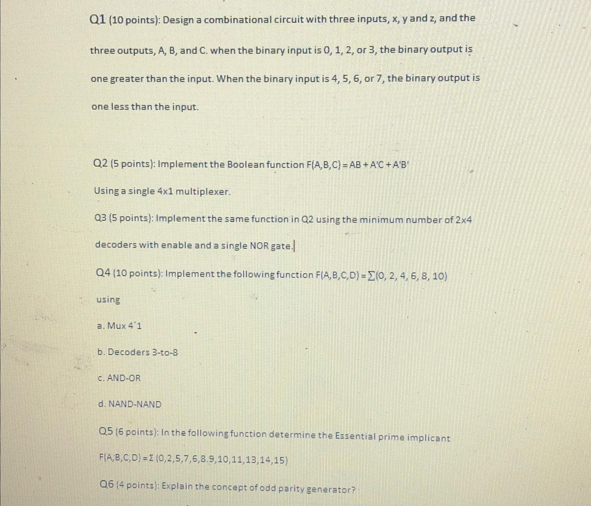 Solved Q1 (10 ﻿points): Design a combinational circuit with | Chegg.com