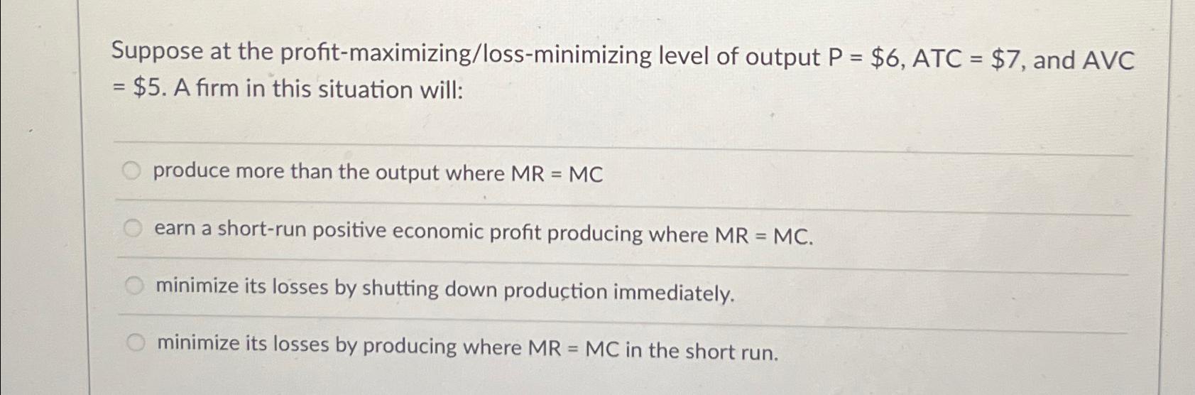 Solved Suppose at the profit-maximizing/loss-minimizing | Chegg.com