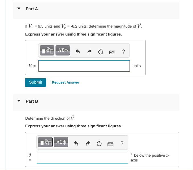 Solved Part AIf Vx=9.5 ﻿units and Vy=-6.2 ﻿units, determine | Chegg.com