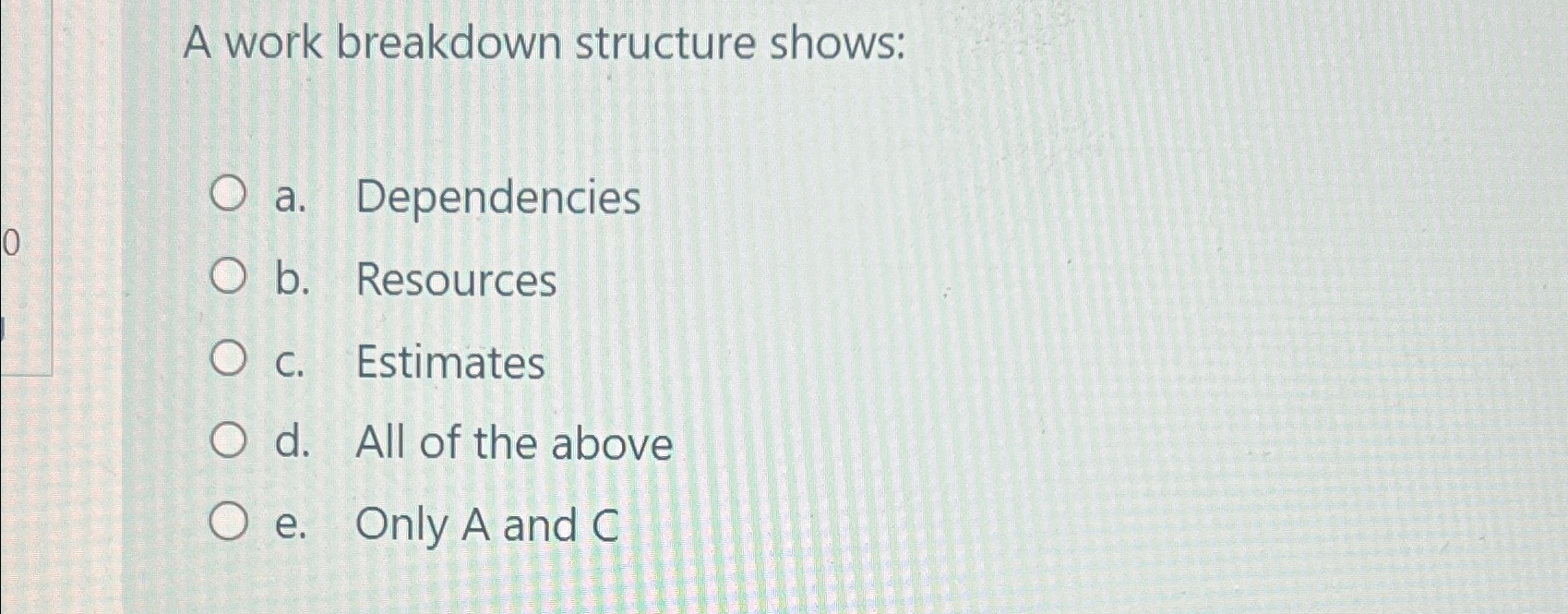 Solved A work breakdown structure shows:a. ﻿Dependenciesb. | Chegg.com