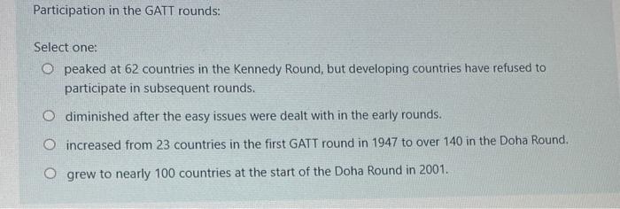 Solved Participation in the GATT rounds: Select one: peaked | Chegg.com