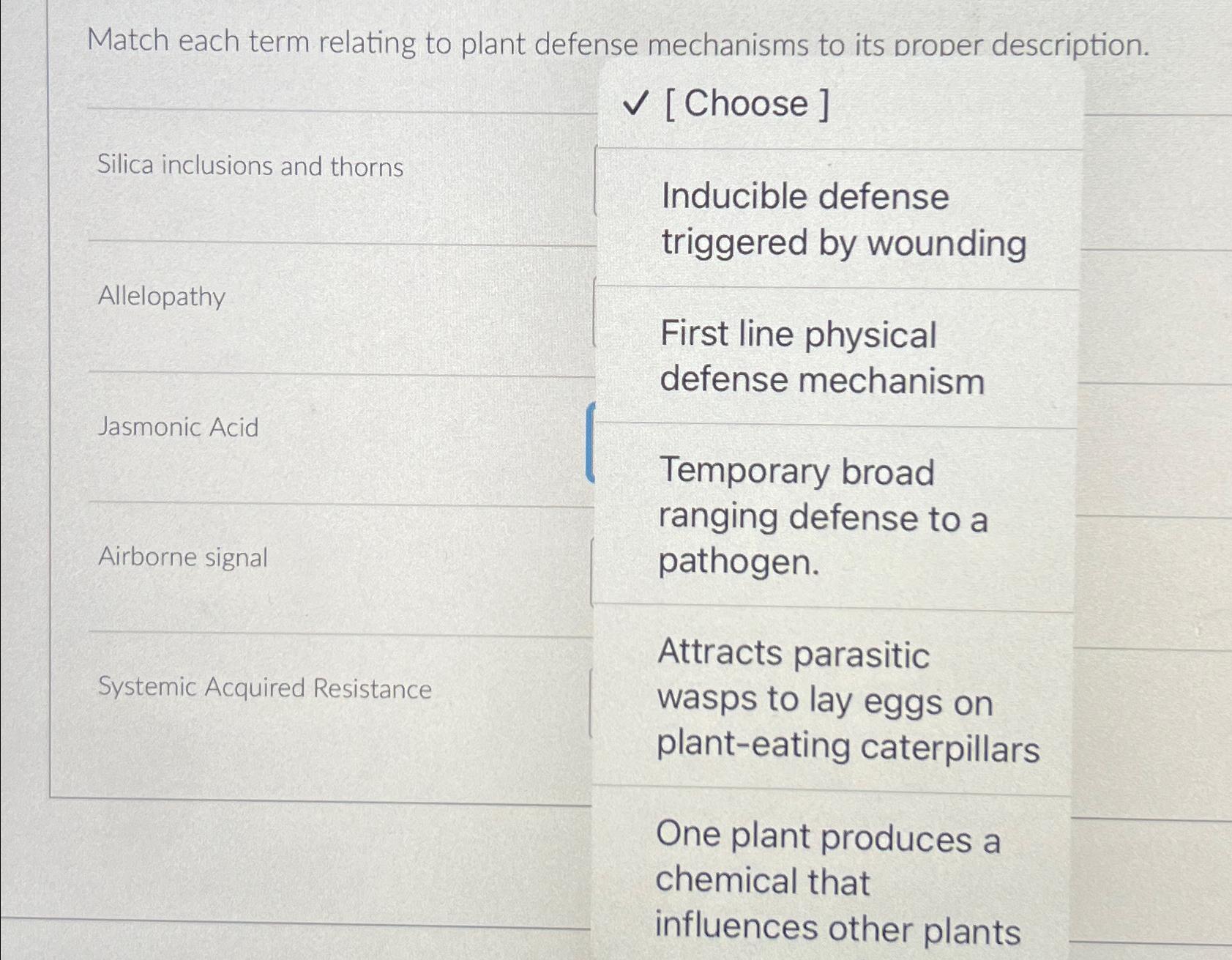 Solved Match each term relating to plant defense mechanisms | Chegg.com