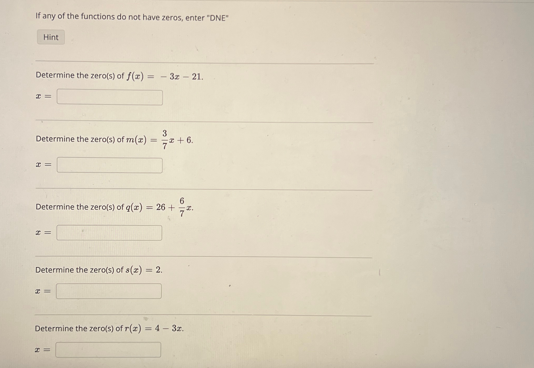 Solved If any of the functions do not have zeros, enter | Chegg.com