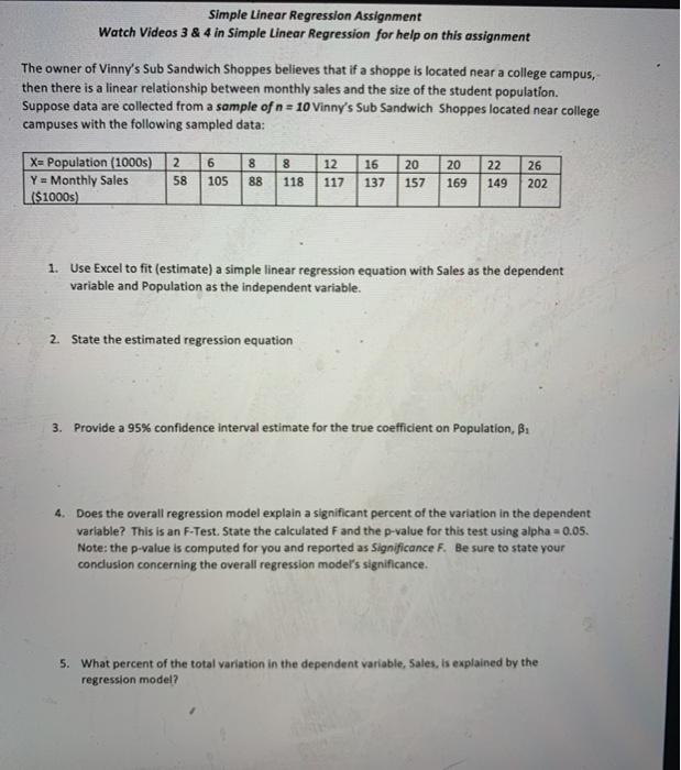 Solved Simple Linear Regression Assignment Watch Videos 3 & | Chegg.com