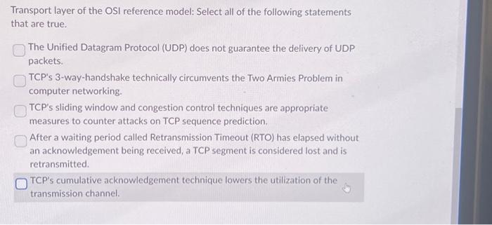Solved Transport layer of the OSI reference model: Select | Chegg.com
