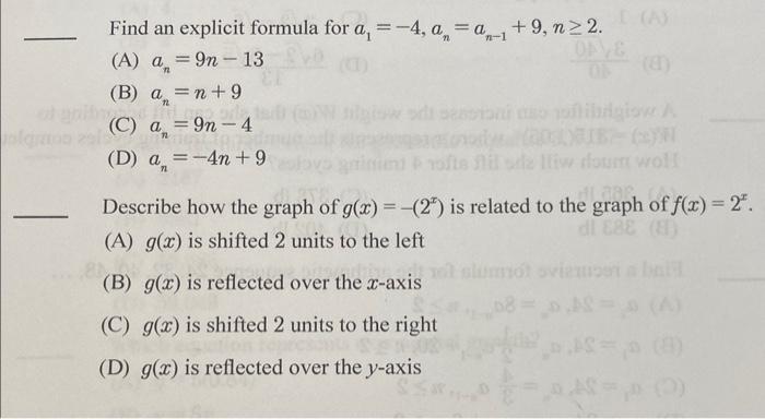 Solved Find an explicit formula for a1=−4,an=an−1+9,n≥2. (A) | Chegg.com