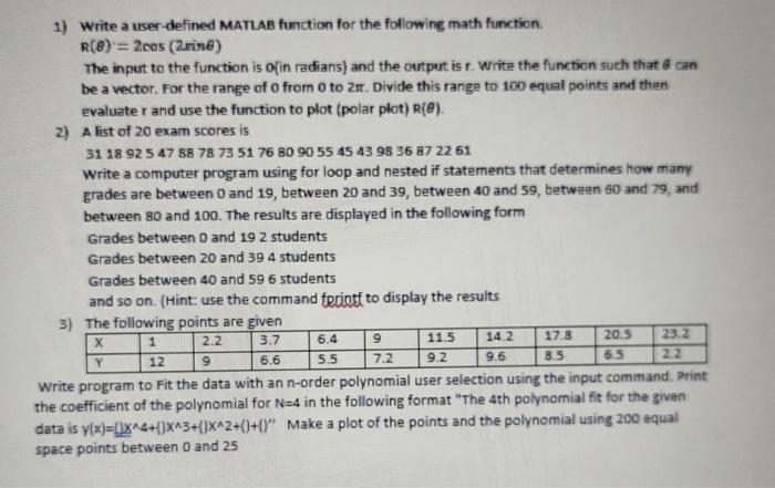 Solved 1 Write A User Defined Matlab Function For The 6642