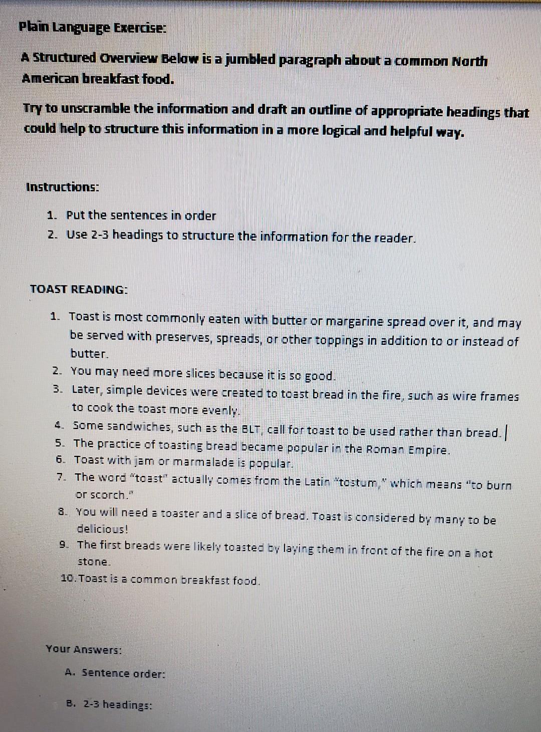Plain Language Exercise: A Structured Overview Below | Chegg.com
