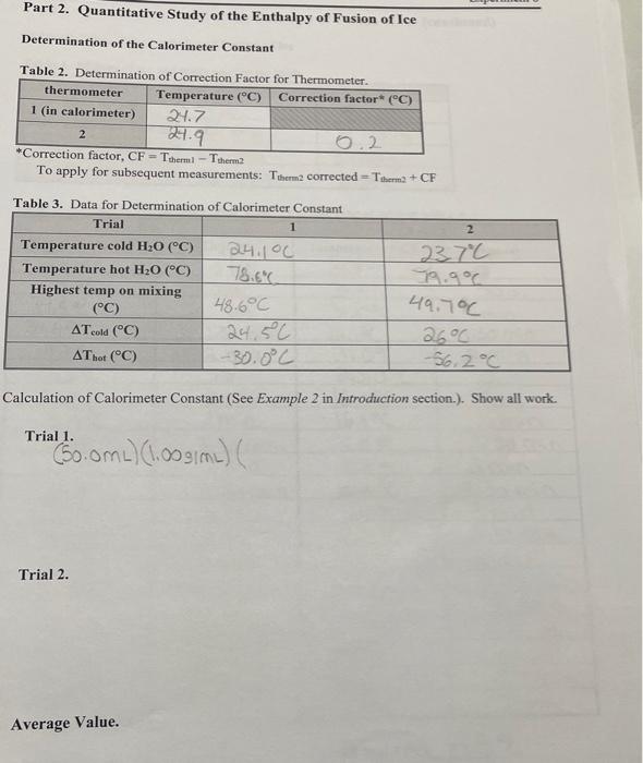 Solved Determination of the Calorimeter Constant Table 2. | Chegg.com
