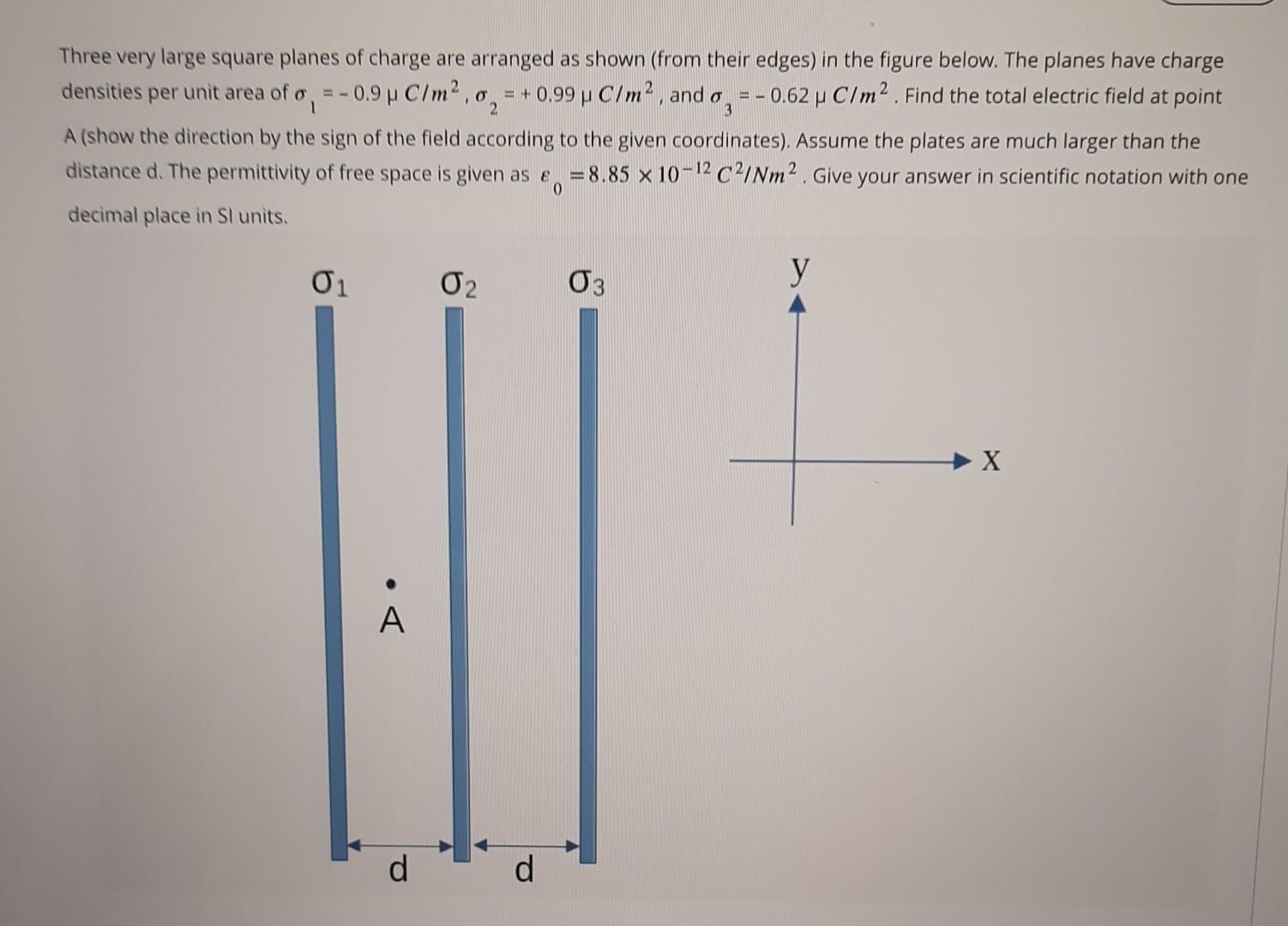 Solved Three very large square planes of charge are arranged | Chegg.com