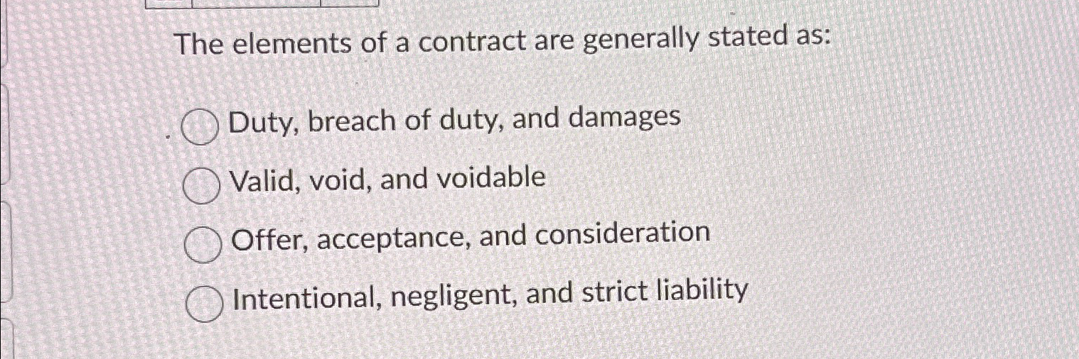 Solved The elements of a contract are generally stated | Chegg.com