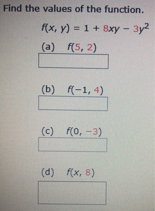 Solved Find the values of the function. f(x, y) = 1 + 8xy - | Chegg.com