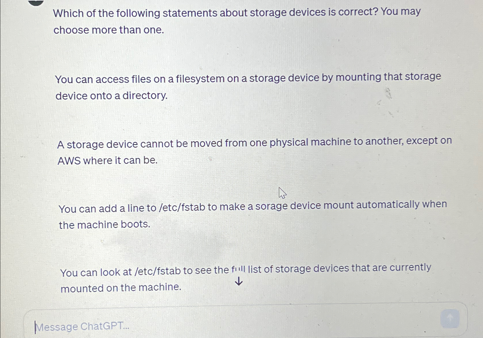 Solved Which of the following statements about storage | Chegg.com