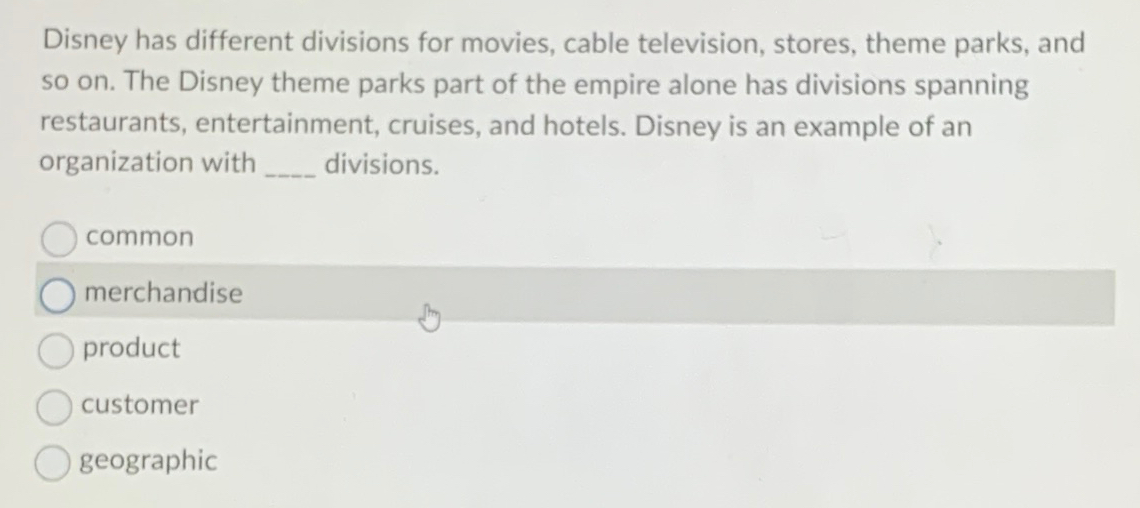 Solved Disney has different divisions for movies, cable | Chegg.com