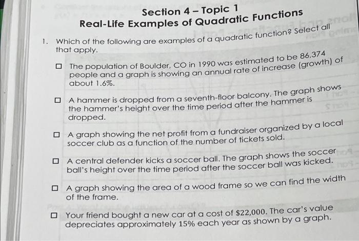 Solved Section 4 - Topic 1 Real-Life Examples of Quadratic | Chegg.com