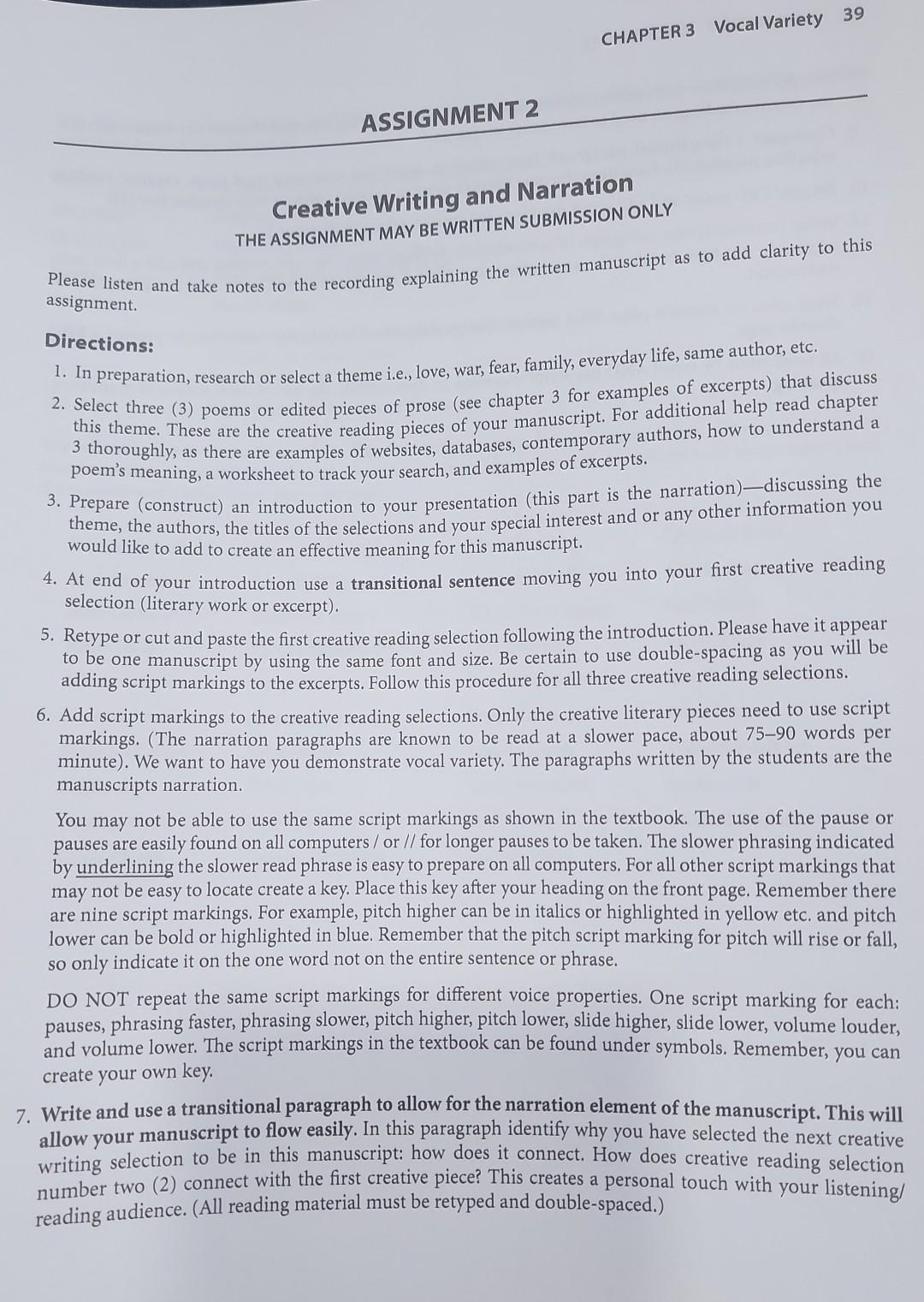 Creative Writing and Narration THE ASSIGNMENT MAY BE | Chegg.com