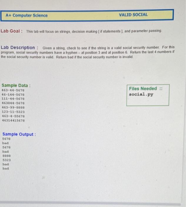 Solved A+ Computer Science VALID SOCIAL Lab Goal: This lab | Chegg.com
