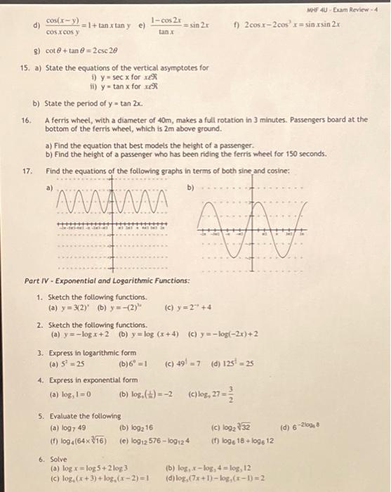 Solved MHF 4U - Exam Review - 4 d) | Chegg.com