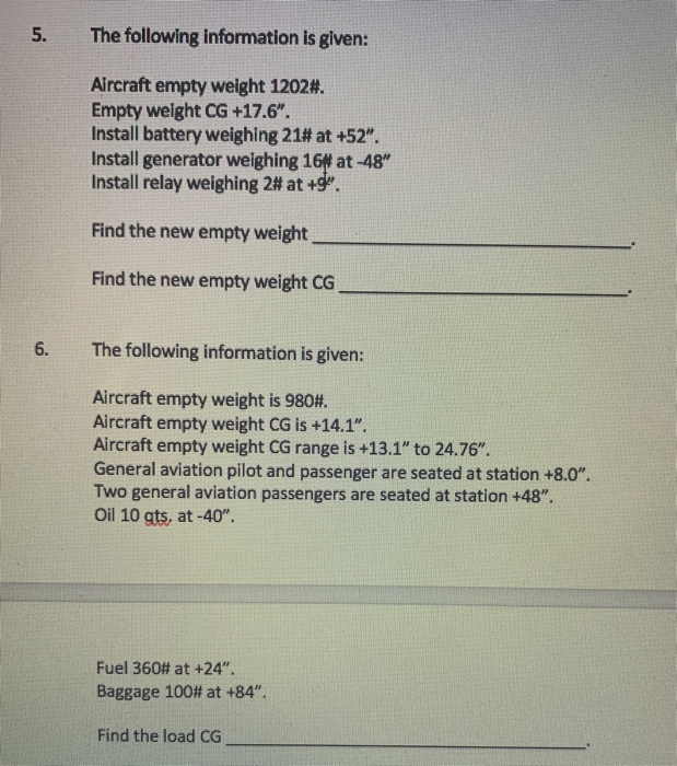 Solved 5. The following information is given: Aircraft empty | Chegg.com