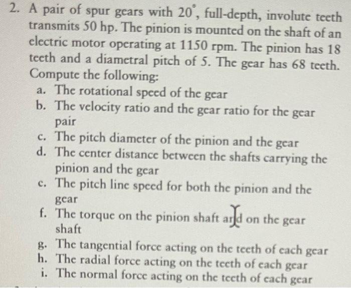 Solved 2. A pair of spur gears with 20°, full-depth, | Chegg.com