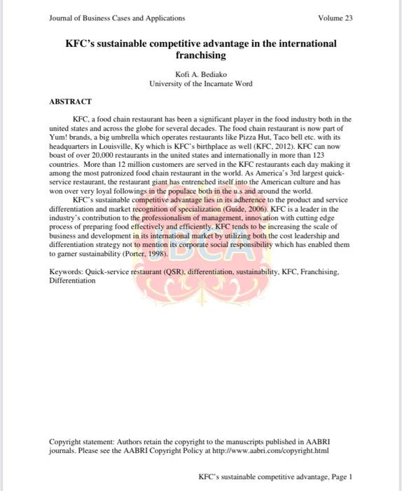 Instructions and Questions to discuss the KFC case | Chegg.com