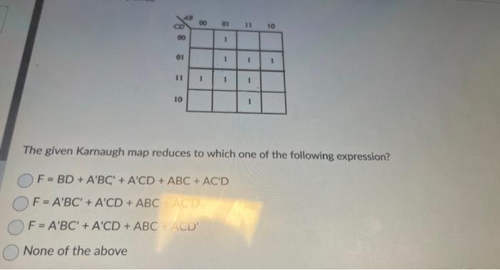 Solved The given Karnaugh map reduces to which one of the | Chegg.com