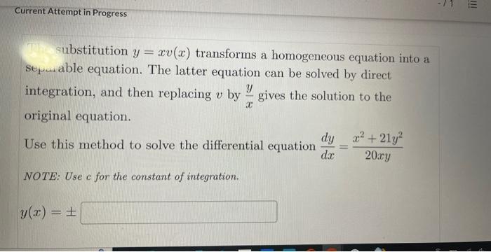 Solved substitution y=xv(x) transforms a homogeneous | Chegg.com
