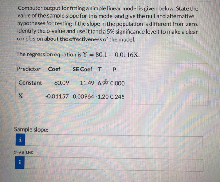 Solved Computer output for fitting a simple linear model is | Chegg.com