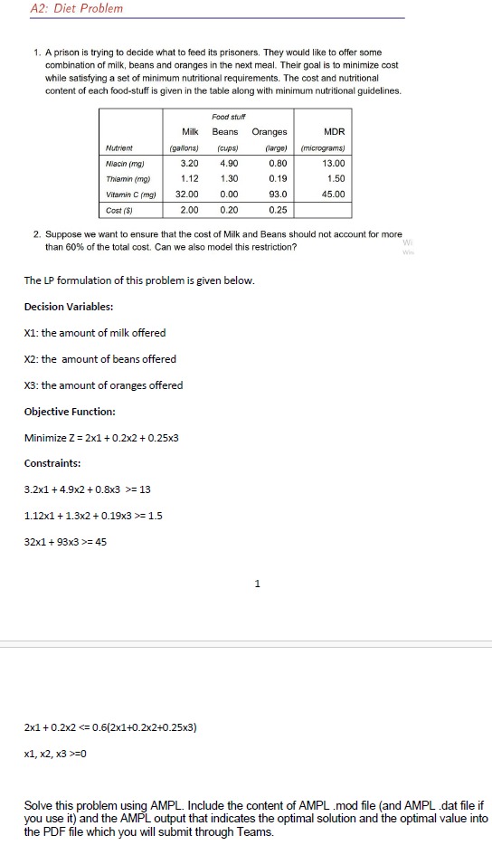 Solved A prison is trying to decide what to feed its | Chegg.com
