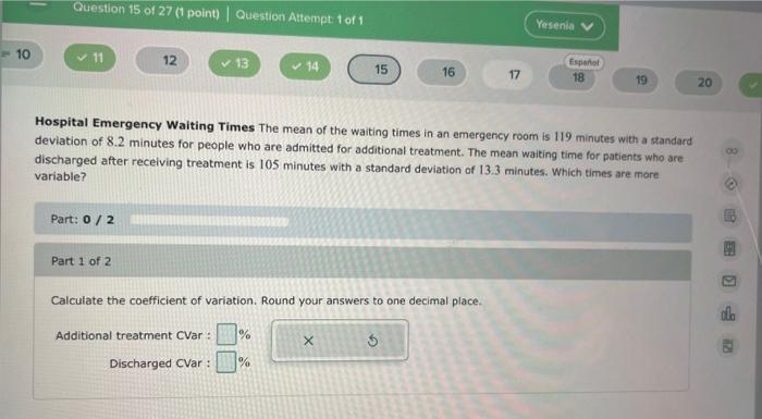 Solved Hospital Emergency Waiting Times The mean of the | Chegg.com