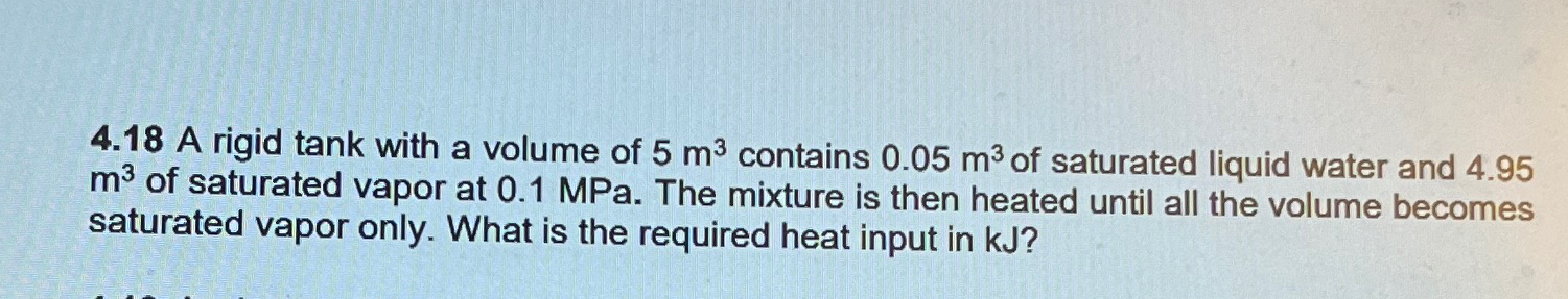 Solved 4.18 ﻿A rigid tank with a volume of 5m3 ﻿contains | Chegg.com