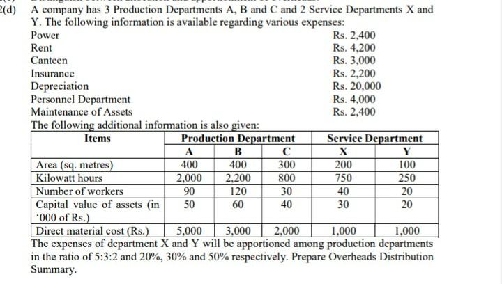 Solved (d) A company has 3 Production Departments A, B and C | Chegg.com