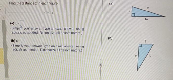Solved Find the distance x in each figure. (a) x= (Simplify | Chegg.com