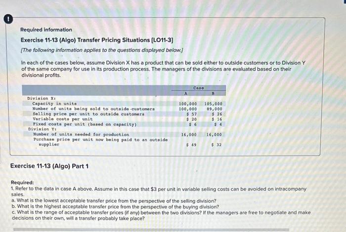 Solved Required information Exercise 11-13 (Algo) Transfer | Chegg.com