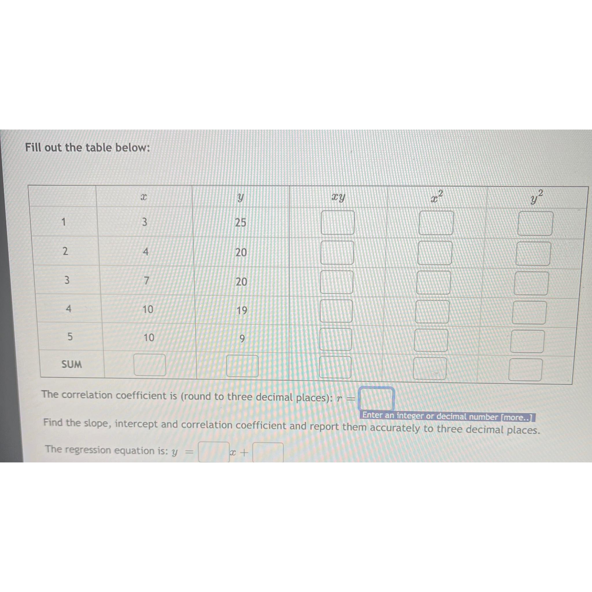 Solved Fill out the table below:\table[[,x,y,xy | Chegg.com