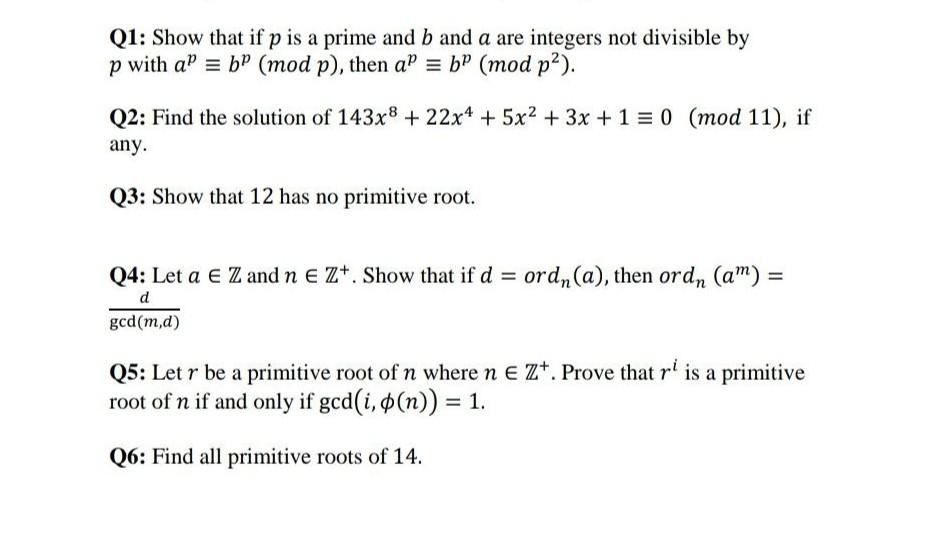 Solved Q1: Show that if p is a prime and b and a are | Chegg.com