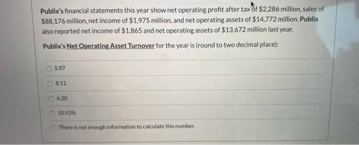 Solved Publix's financial statements this year show net | Chegg.com