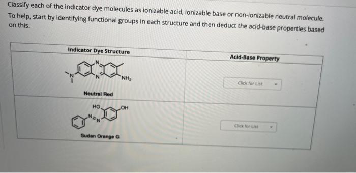 Solved Classify each of the indicator dye molecules as | Chegg.com
