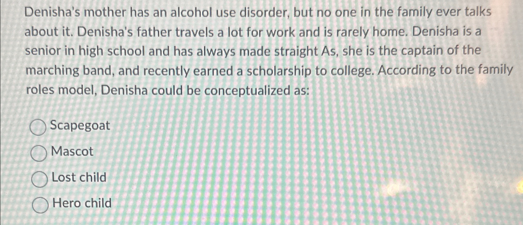 Solved Denisha's mother has an alcohol use disorder, but no | Chegg.com