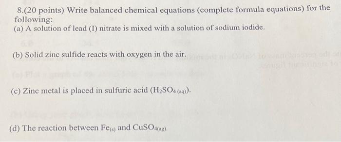 Solved 8 20 Points Write Balanced Chemical Equations