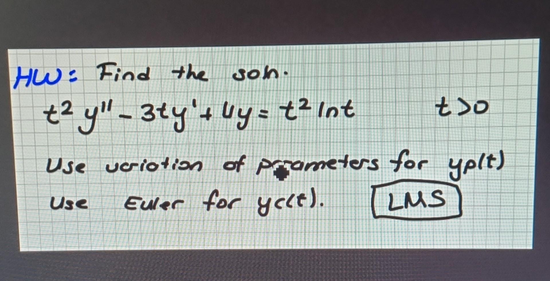 Solved HW: Find the soh. t2y′′−3ty′+4y=t2lntt>0 Use | Chegg.com