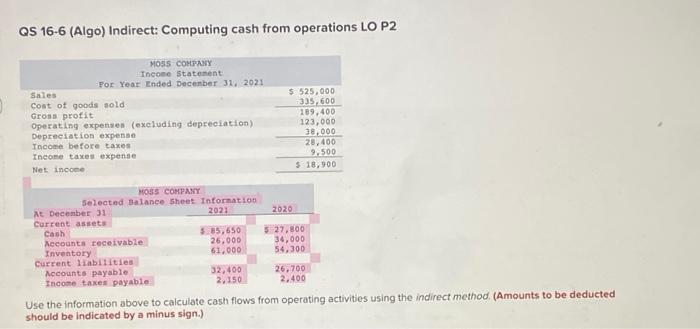 Solved QS 16-6 (Algo) Indirect: Computing cash from | Chegg.com