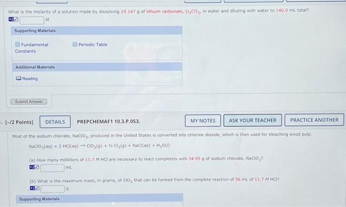 Solved What is the molarity of a solution made by dissolving | Chegg.com