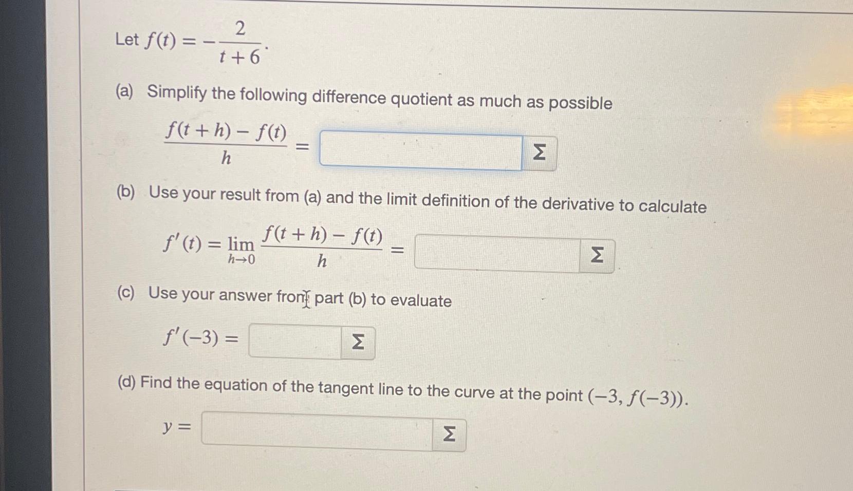 Solved Let f(t)=-2t+6(a) ﻿Simplify the following difference | Chegg.com