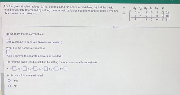 Solved For the given simplex tableau, (a) list the basic and | Chegg.com