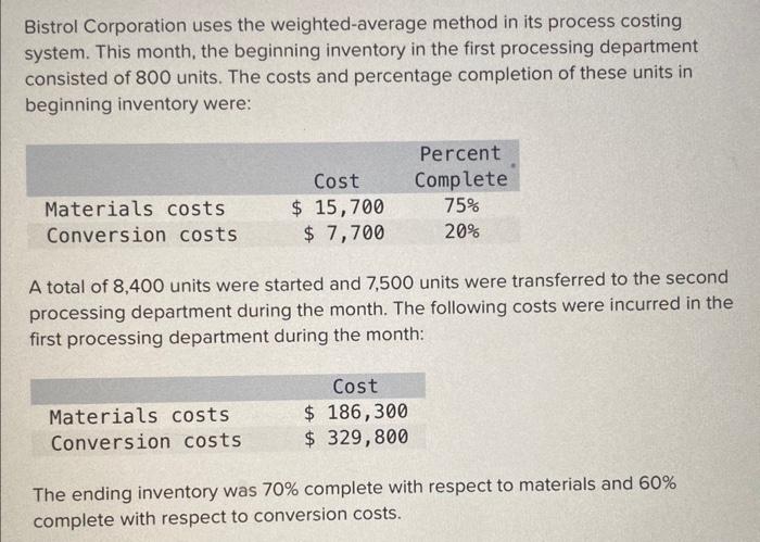 Solved Bistrol Corporation uses the weighted-average method | Chegg.com