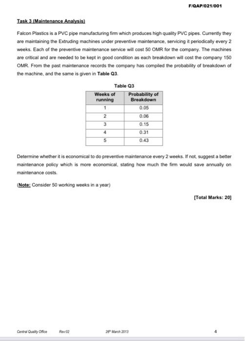 Solved Task 3 (Maintenance Analysis) Falcon Plastics is a | Chegg.com