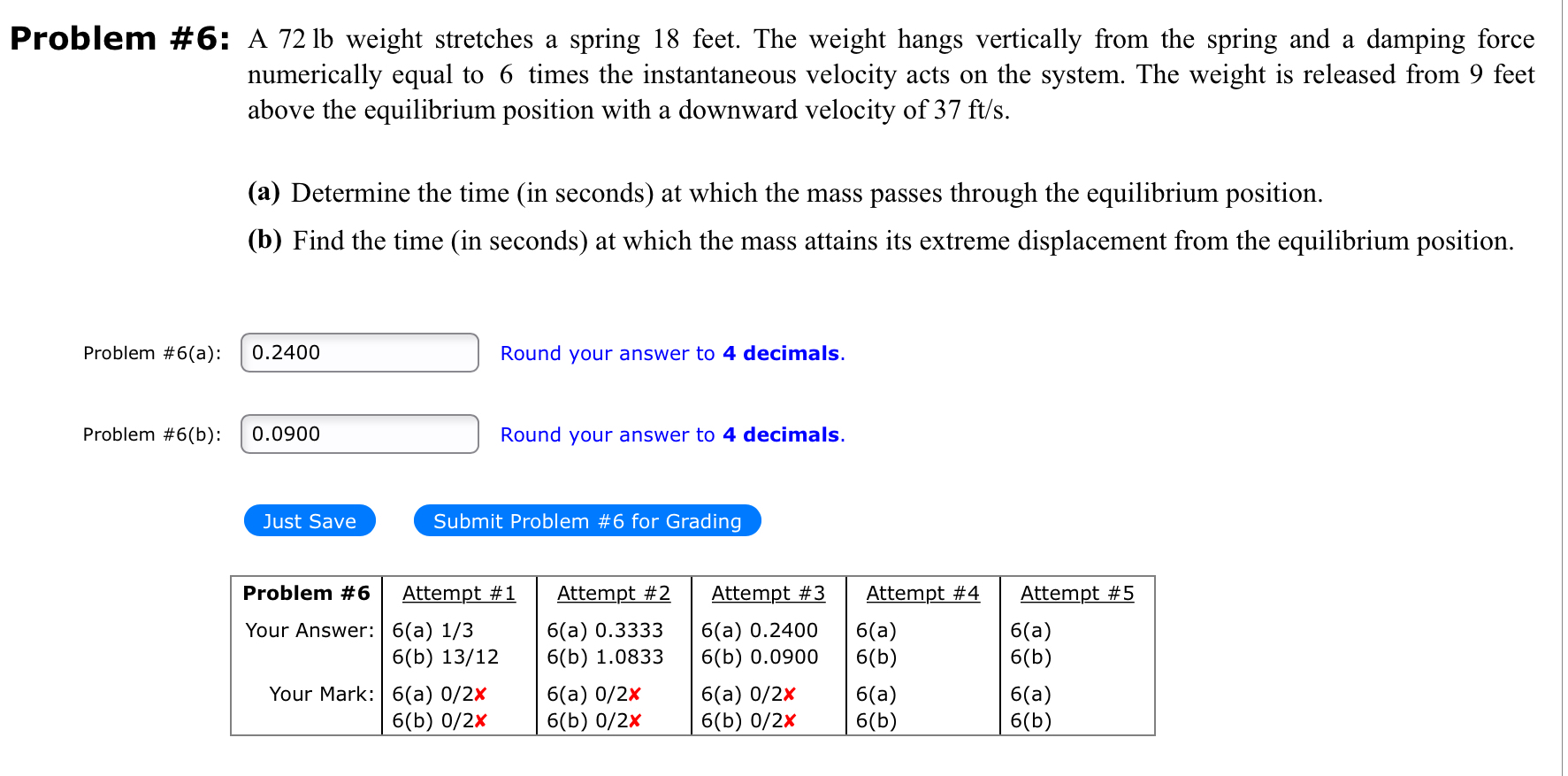 Solved Problem # 6: A 72lb ﻿weight stretches a spring 18 | Chegg.com