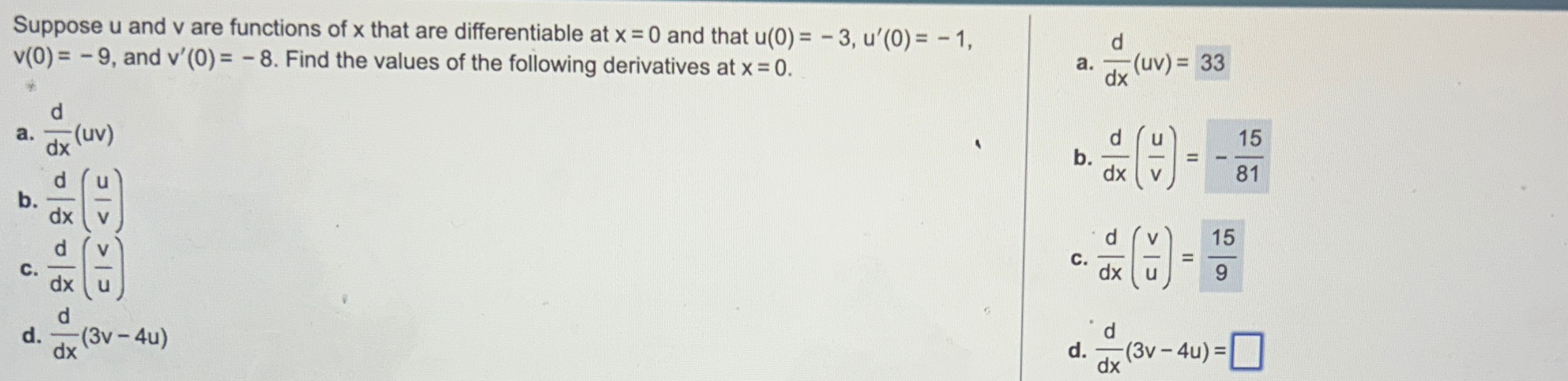 Solved Suppose u ﻿and v ﻿are functions of x ﻿that are | Chegg.com