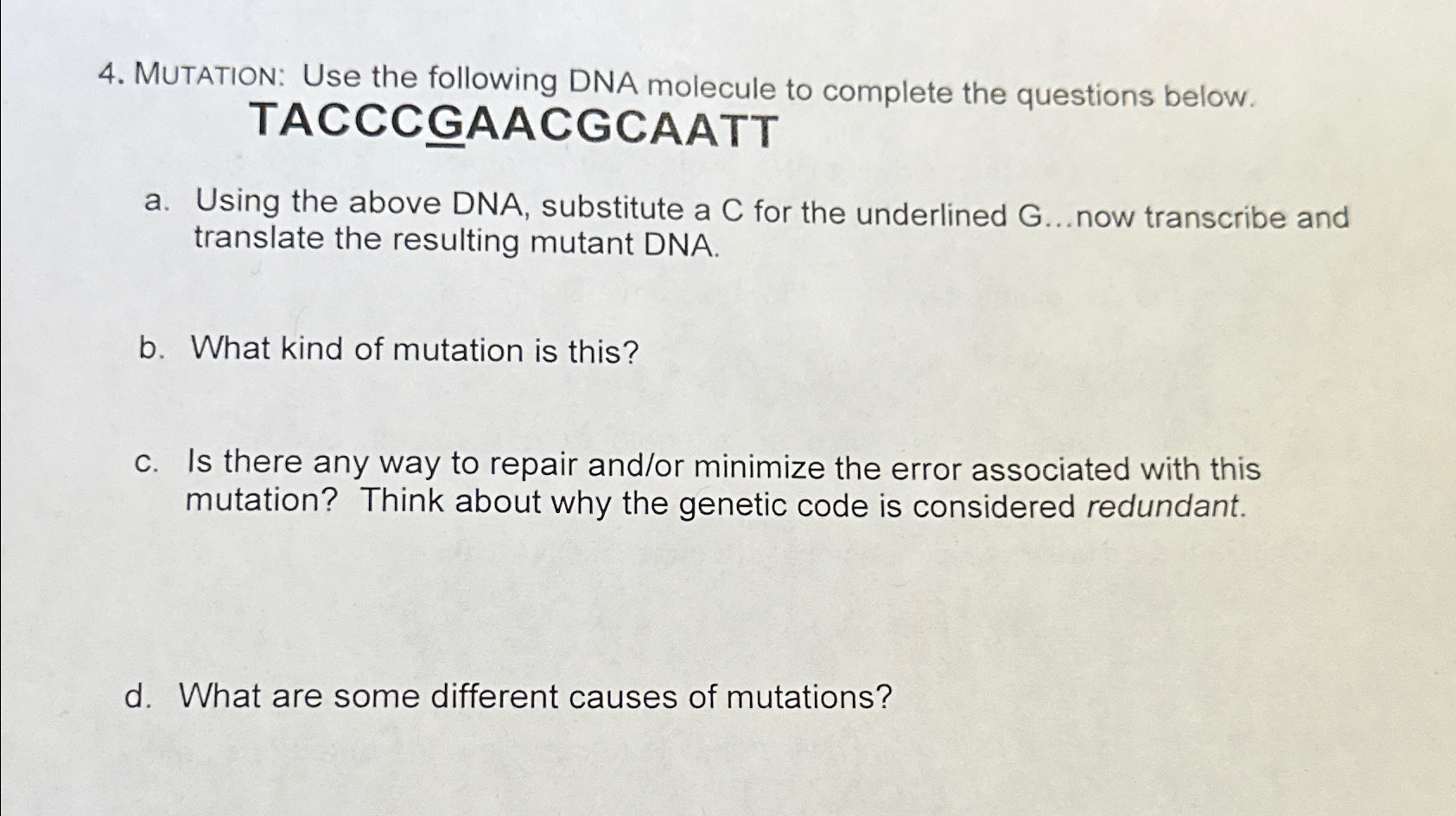 Solved MUTATION: Use the following DNA molecule to complete | Chegg.com